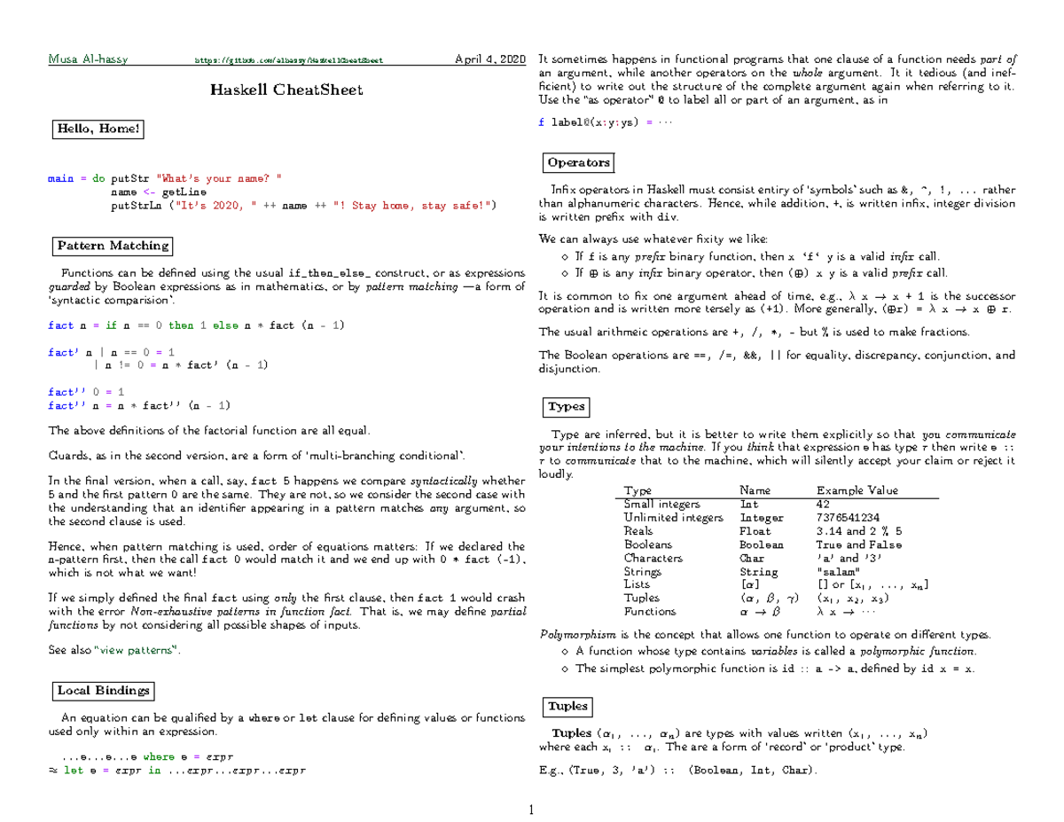 Cheat Sheet for Haskell Functions and Types (CS101) - Studocu
