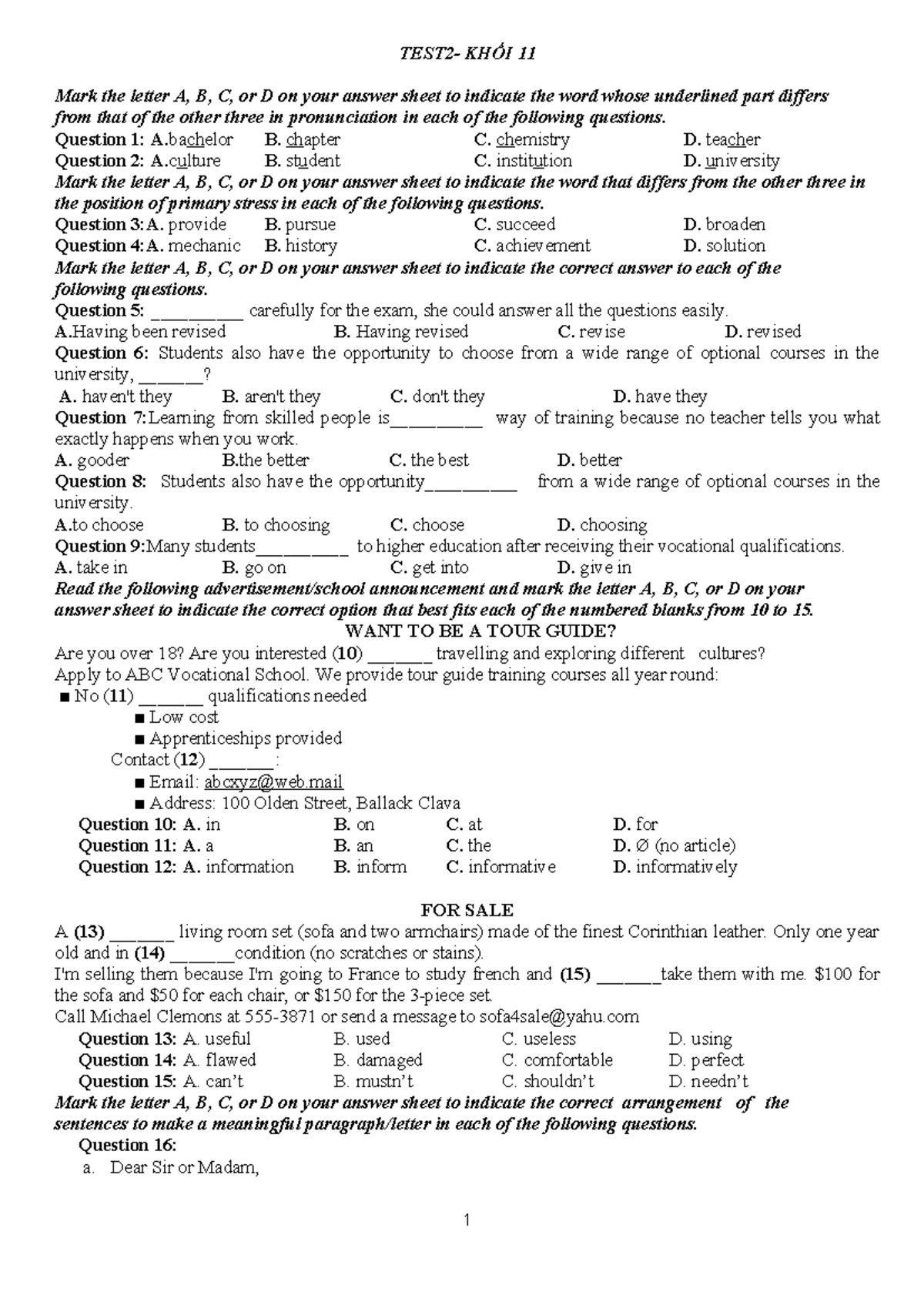 KHỐI 11 Practice Test: Pronunciation, Stress, and Comprehension - Studocu