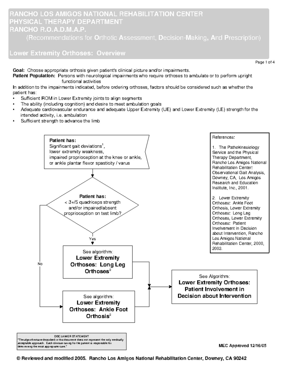 AFO Algorithm - Lower Extremity Orthoses Recommendations Handout - Studocu