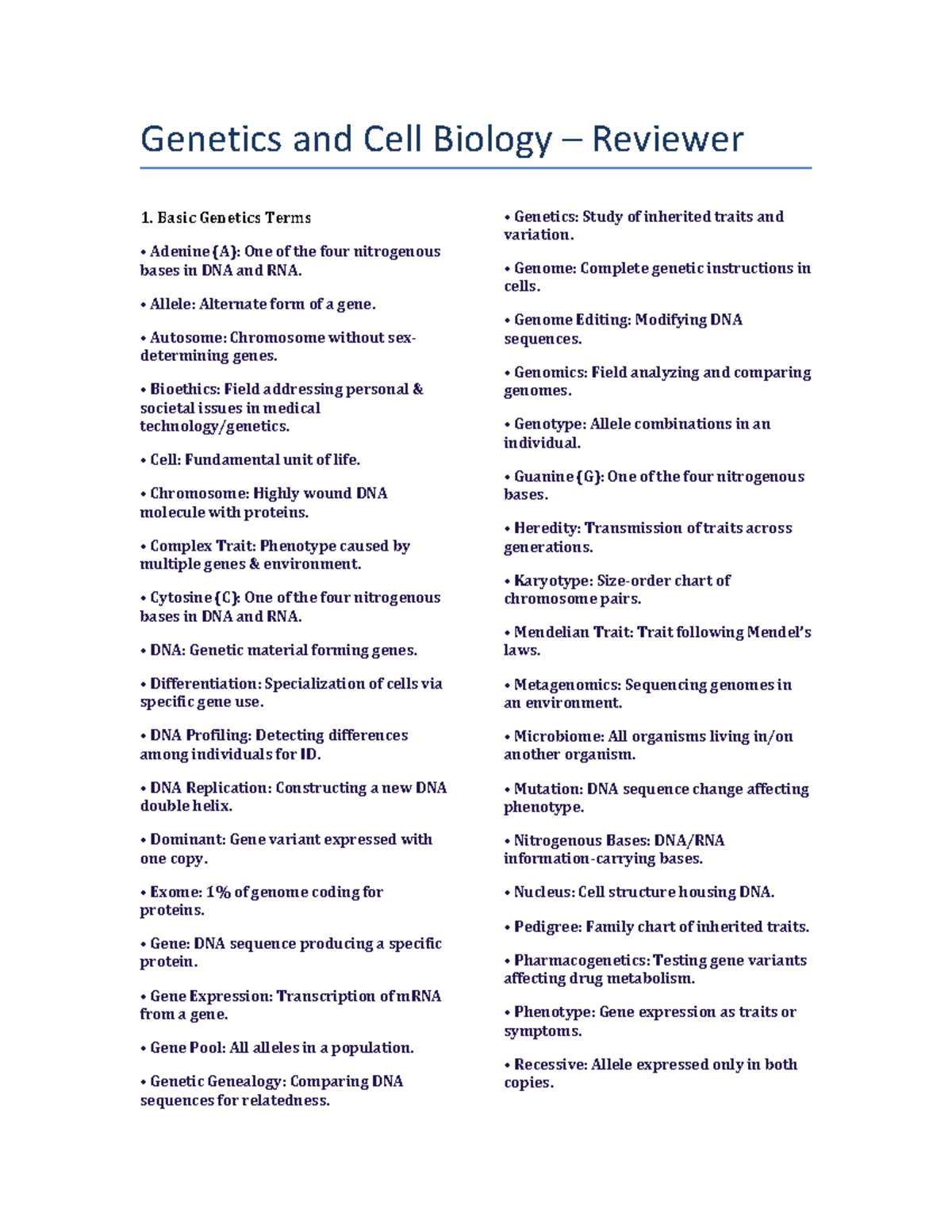 Genetics and Cell Biology Review Notes for Exam (BIO101) - Studocu