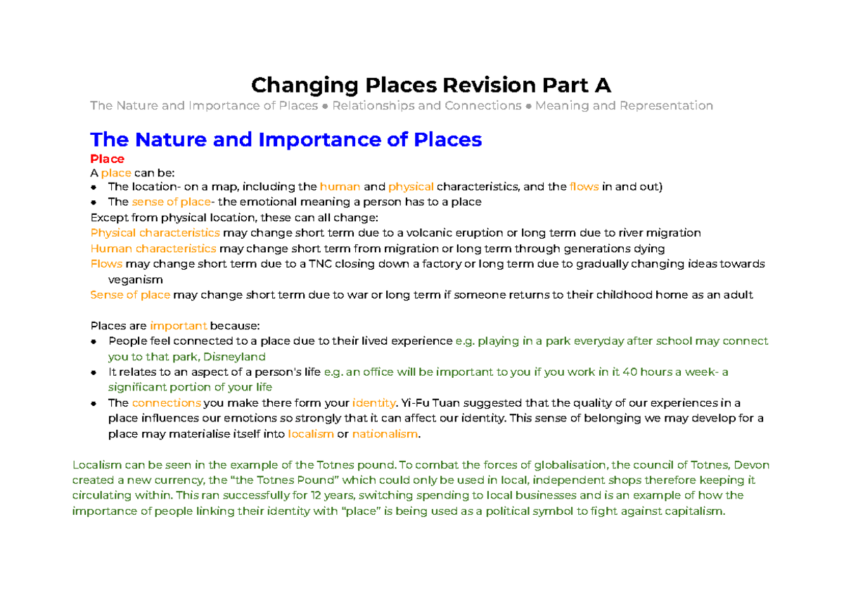 A Level Geography: Changing Places Revision Notes and Insights - Studocu