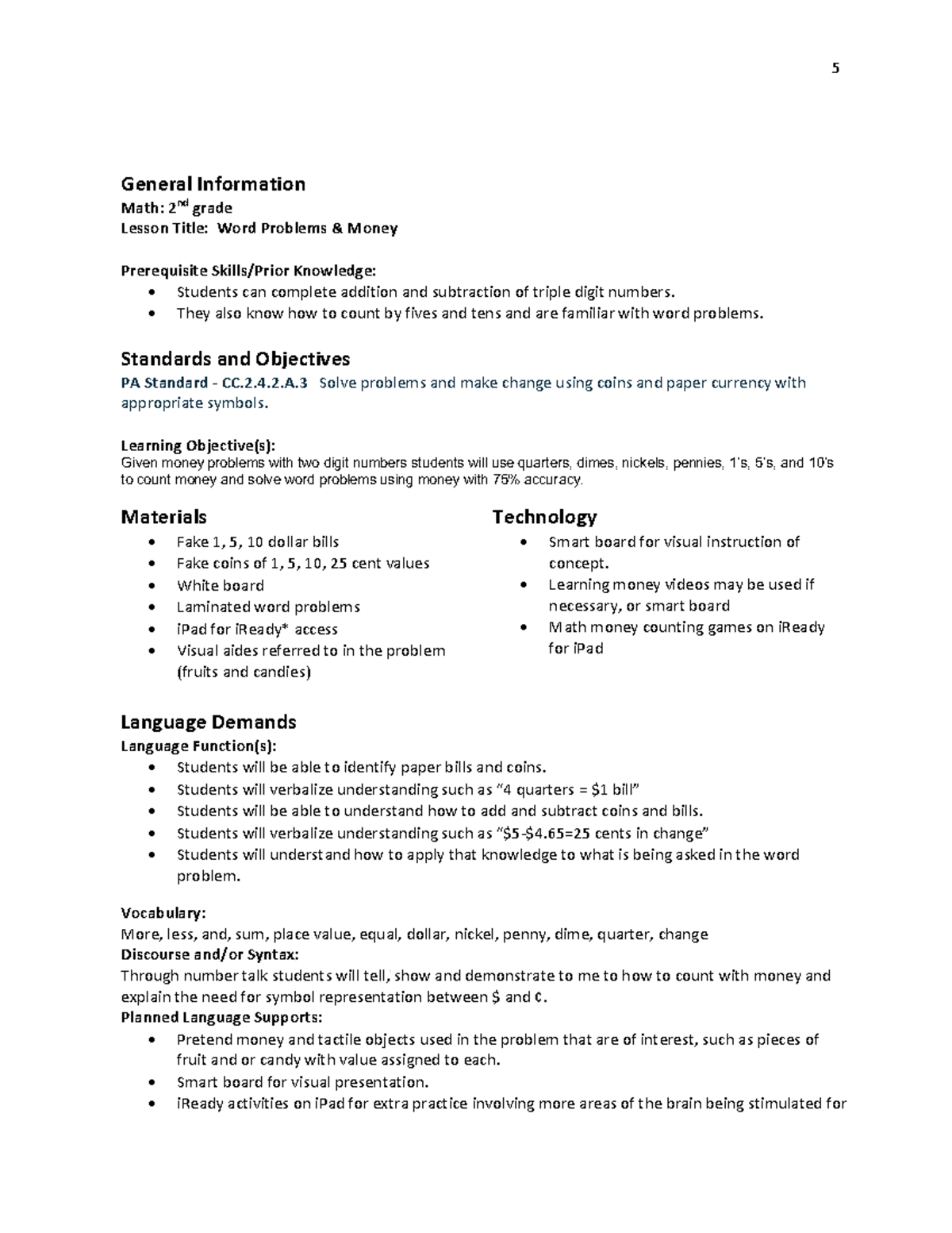 2nd Grade Math: Lesson Plan on Word Problems with Money - Studocu