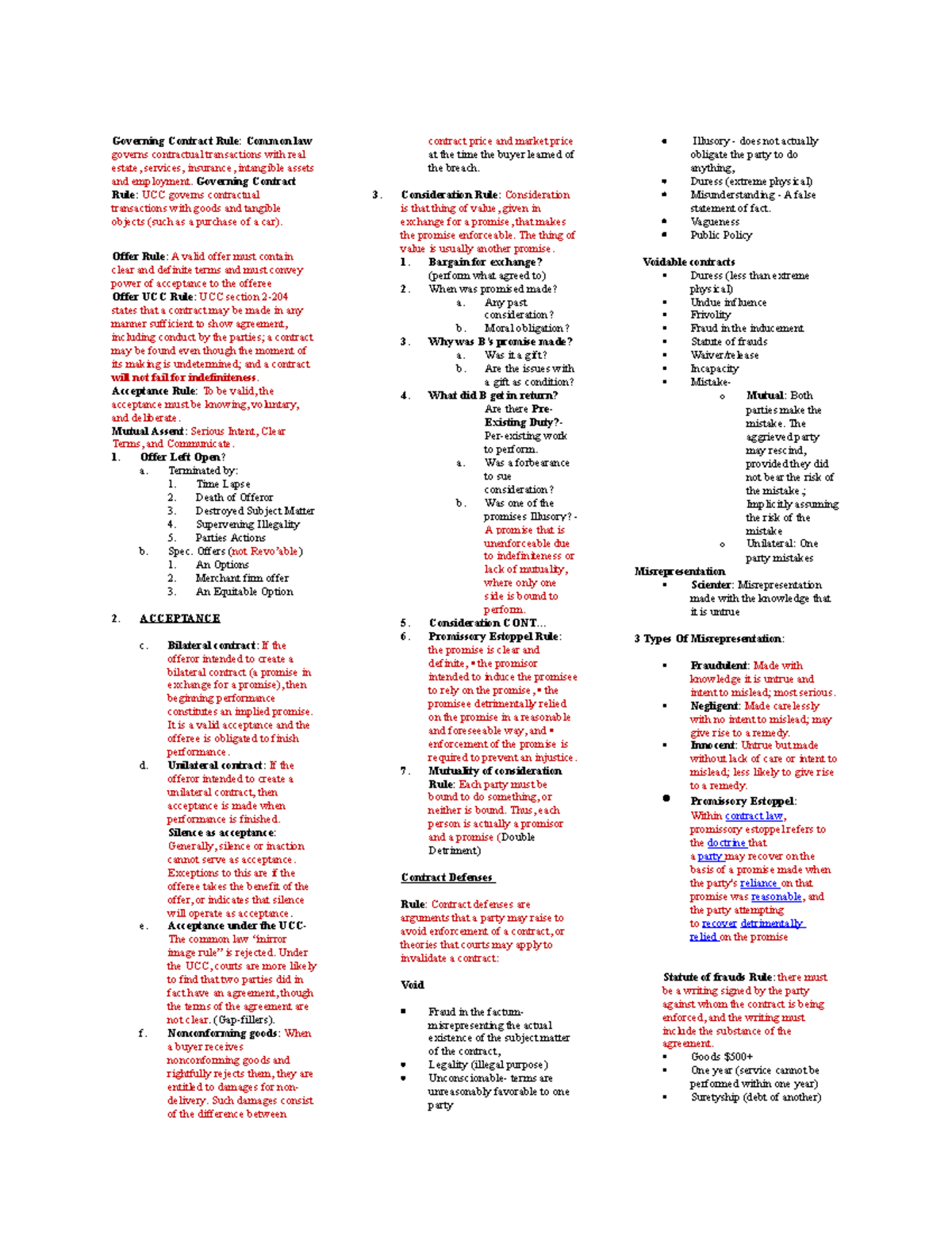 Contracts-Cheat Sheet Final - Governing Contract Rule: Common law governs contractual ...