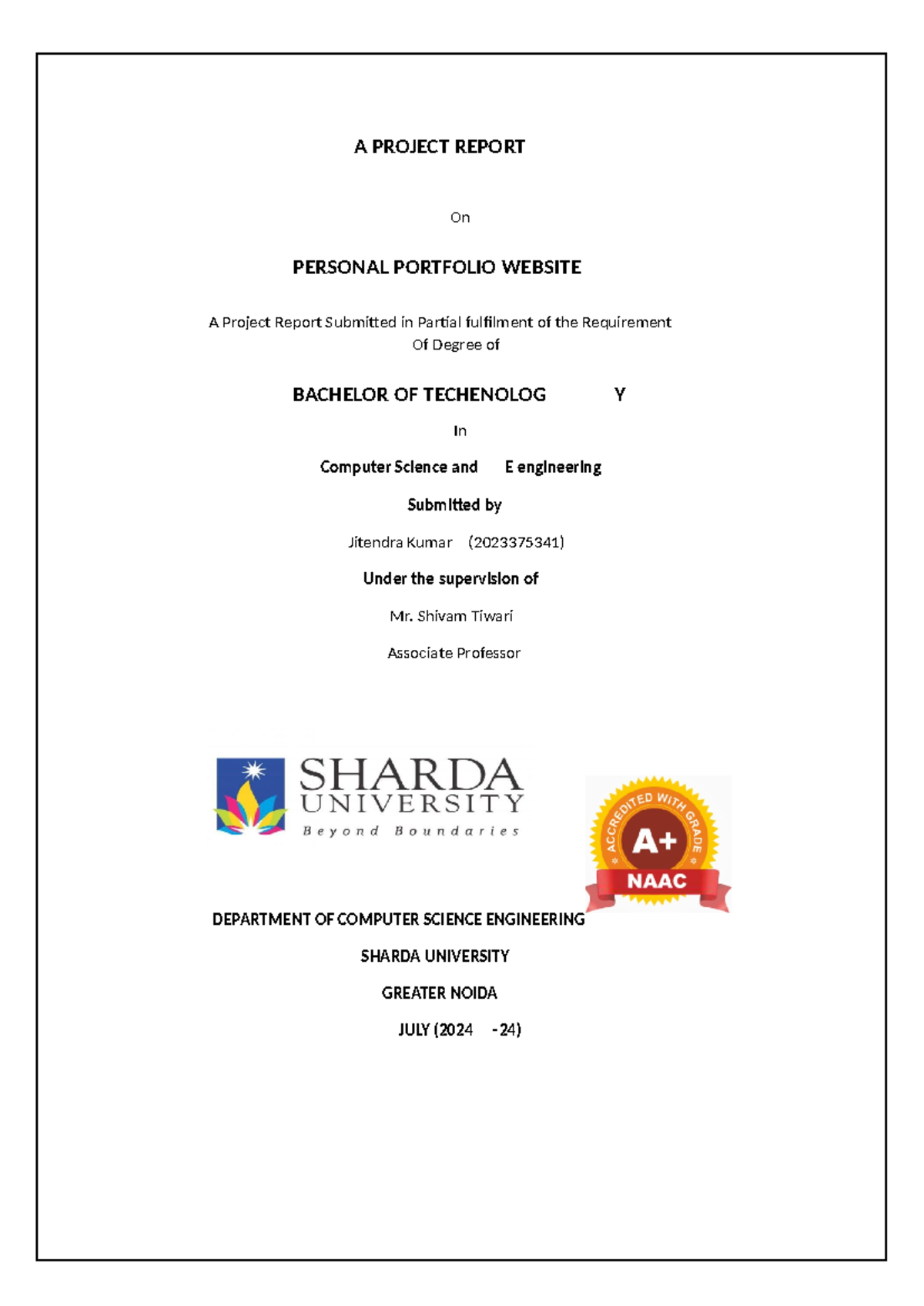 BTech Project Report: Personal Portfolio Website by Jitendra Kumar - Studocu