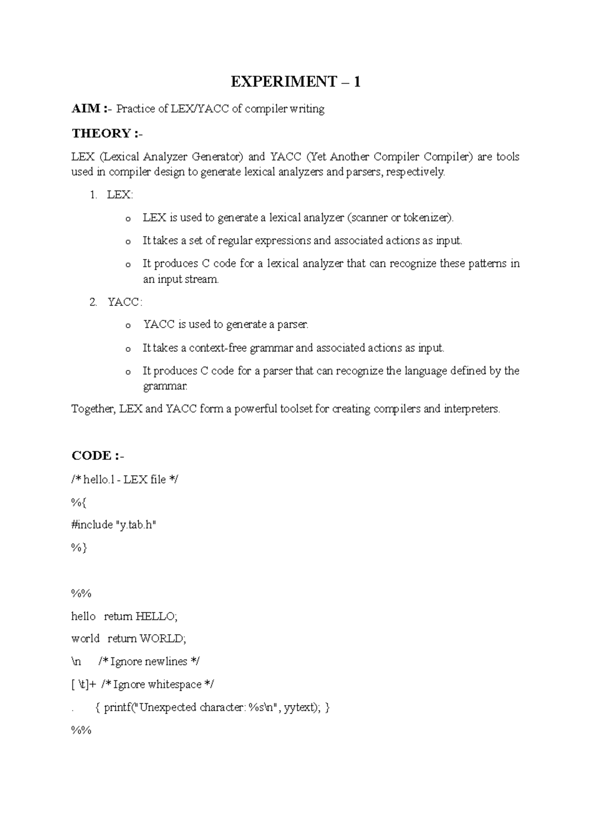 Compiler Design Lab Manual - Experiments with LEX and YACC - Studocu