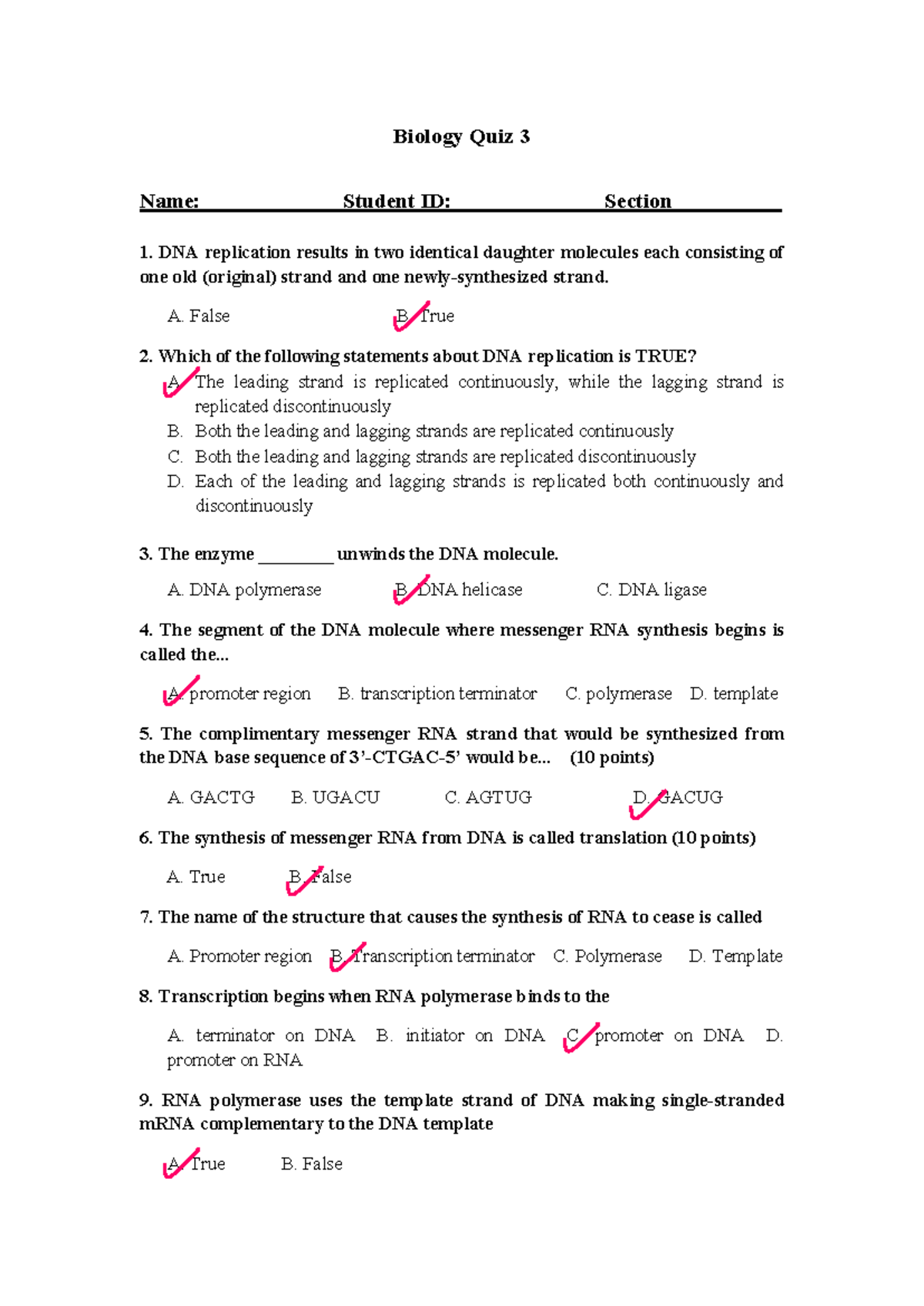 Biology qiuz 3 for midterm-KEYS - Biology Quiz 3 Name: Student ID ...