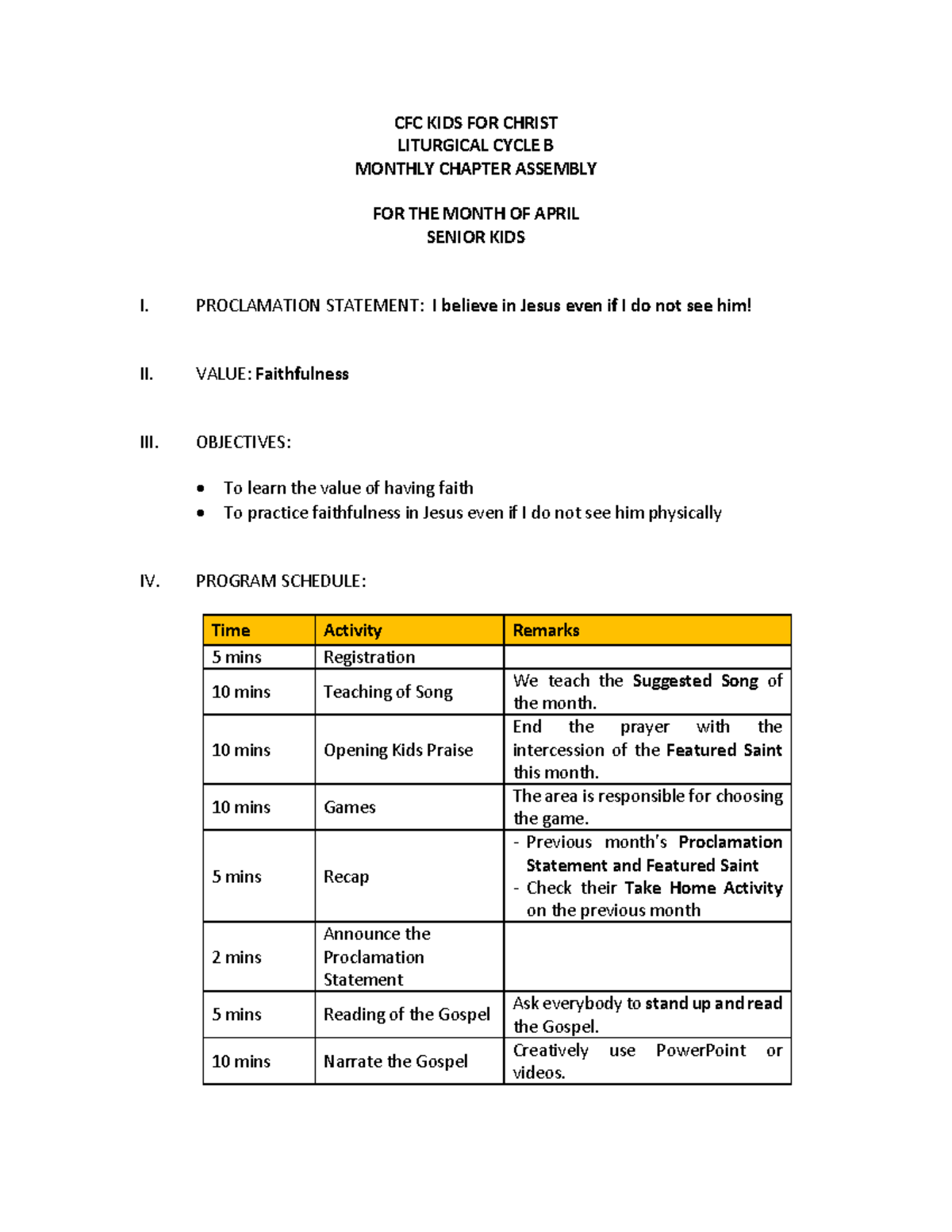 CFC KIDS FOR CHRIST APRIL ASSEMBLY - CYCLE B SENIOR KIDS - Studocu
