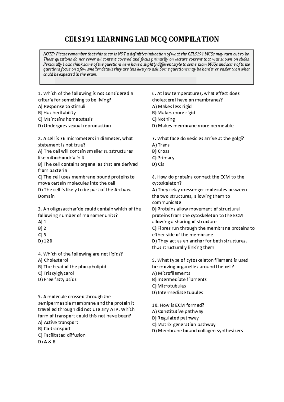 CELS191 LEARNING LAB MCQ PRACTICE COMPILATION FOR EXAM PREP - Studocu