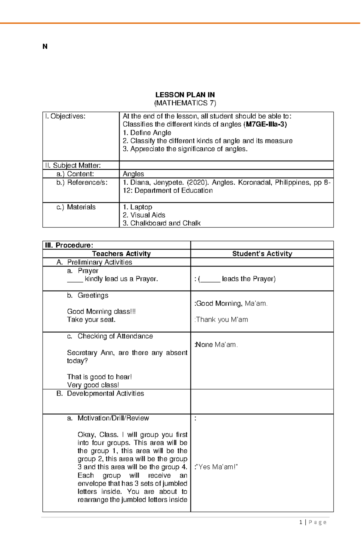 M7GE-IIIa-3 Angles Lesson Plan for Student Understanding - Studocu
