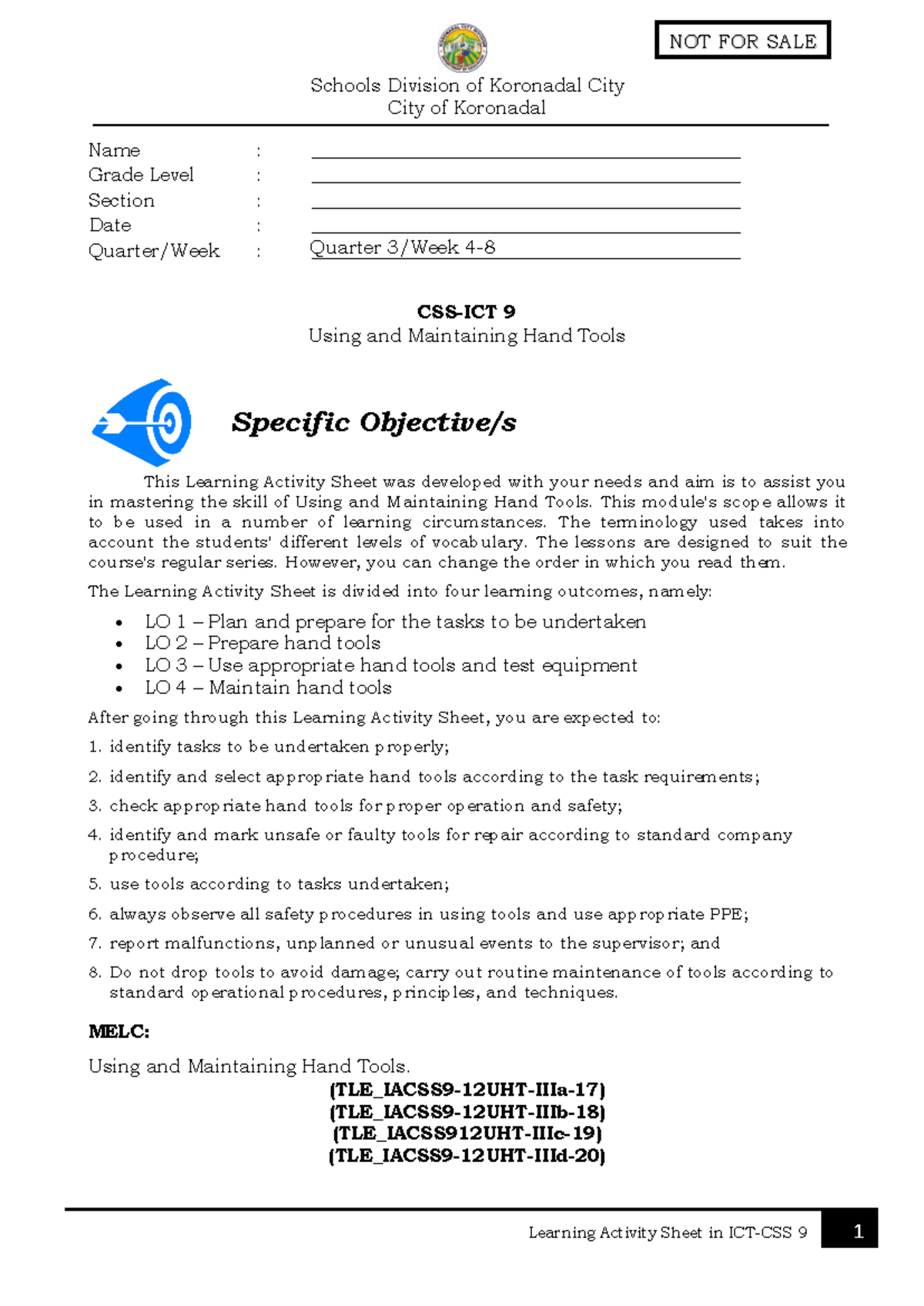 ICT CSS 9 Q3 W4-8 - Learning Activity on Hand Tool Maintenance - Studocu