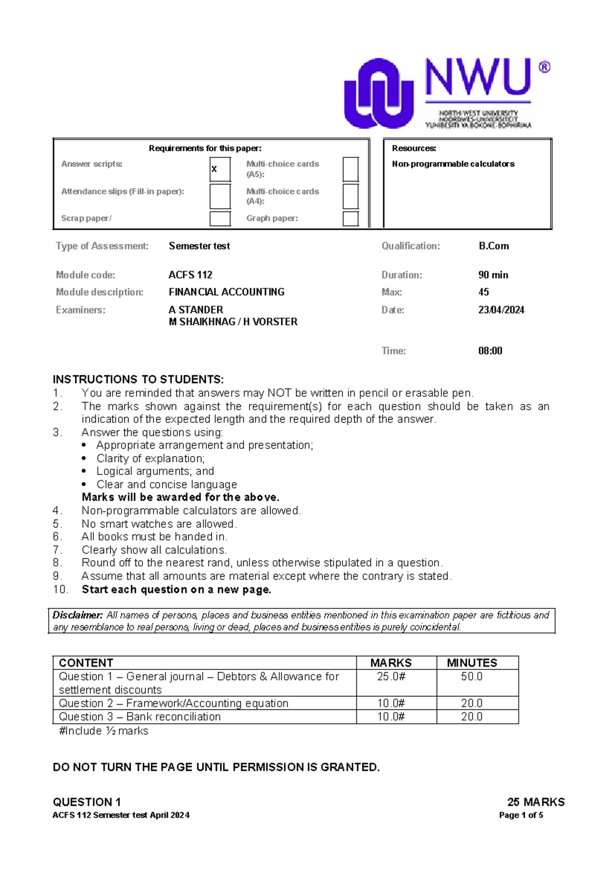ACFS 112 Semester Test 2 Requirements and Instructions - April 2024 ...