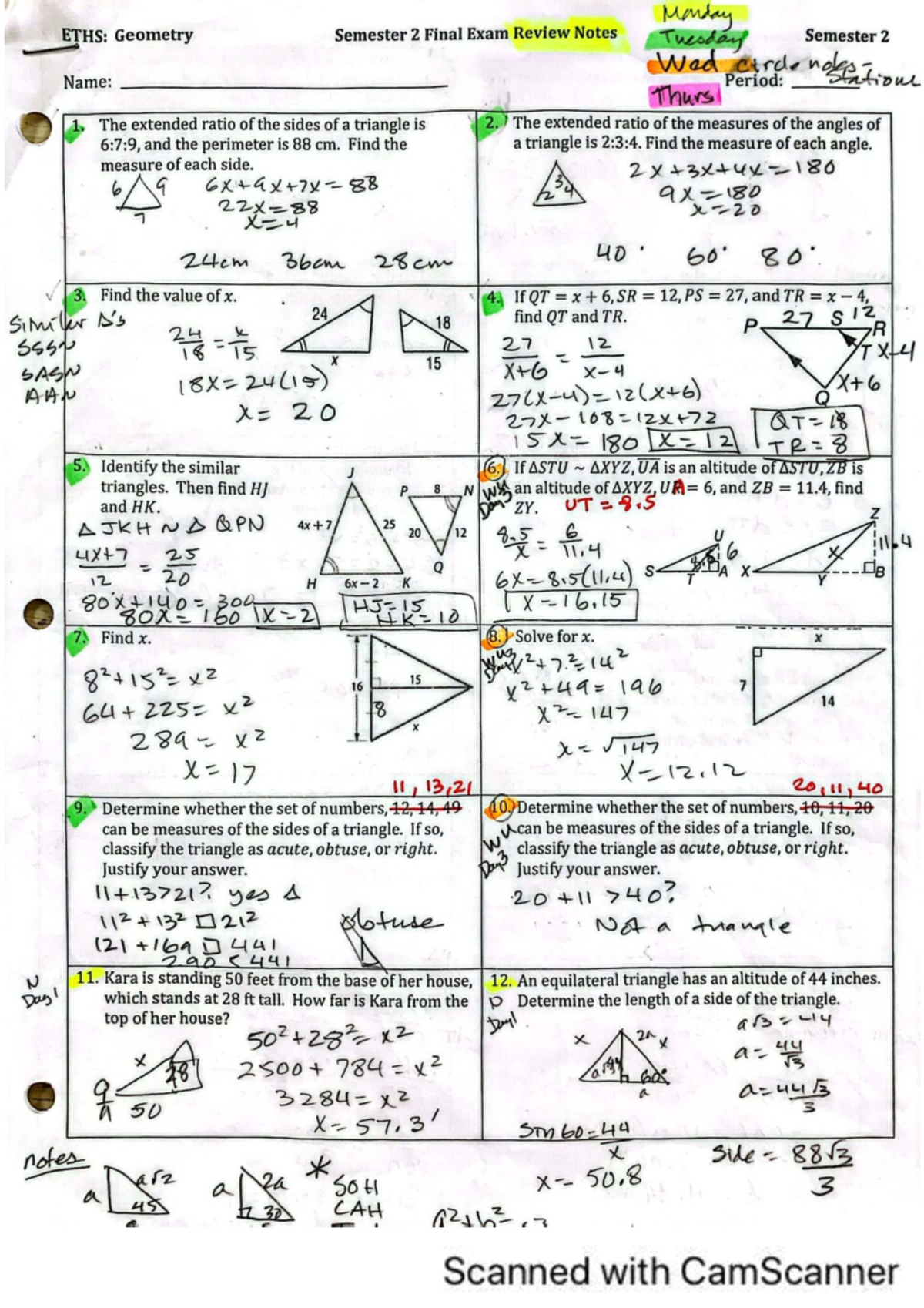 ETHS: Geometry Semester 2 Final Exam Review Notes - Studocu