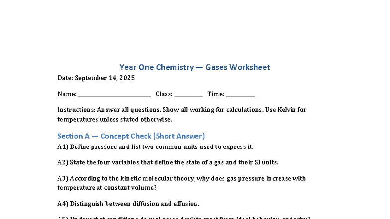 CHE 101 Year One Chemistry Gases Worksheet - Studocu