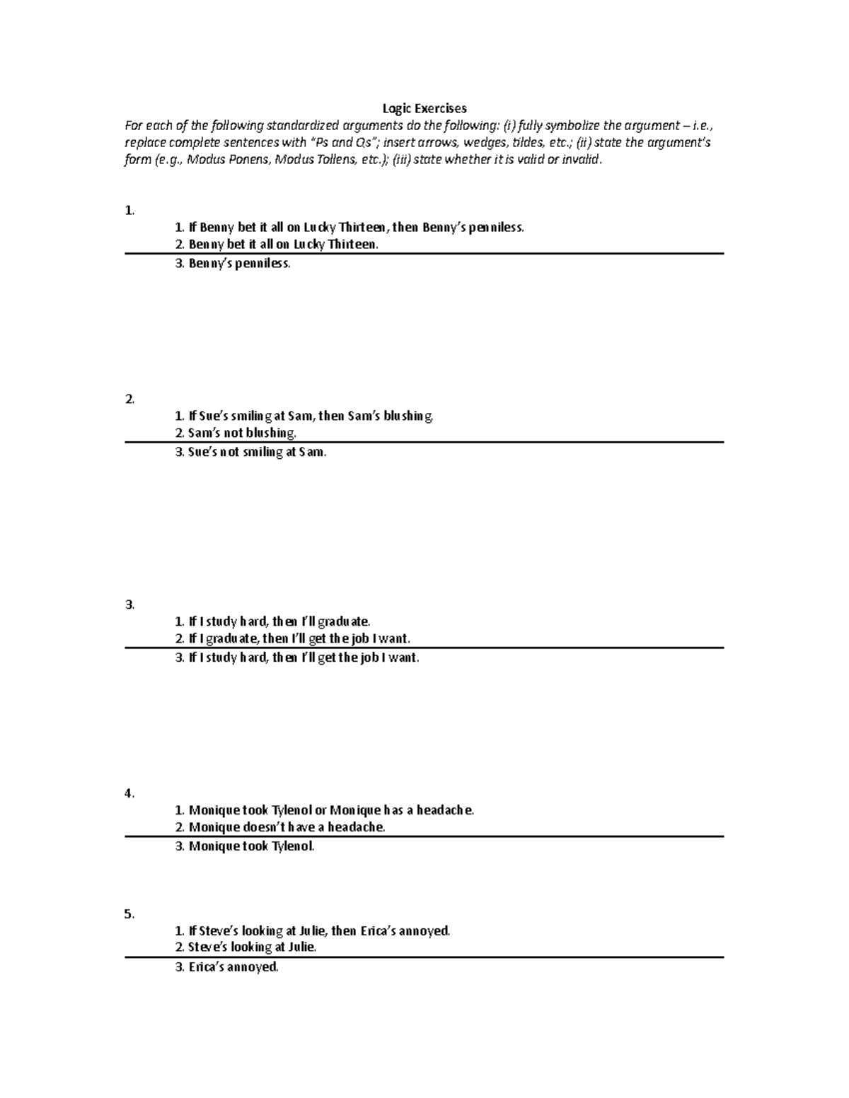 Logic Exercises: Standardized Argument Symbolization Analysis - Studocu