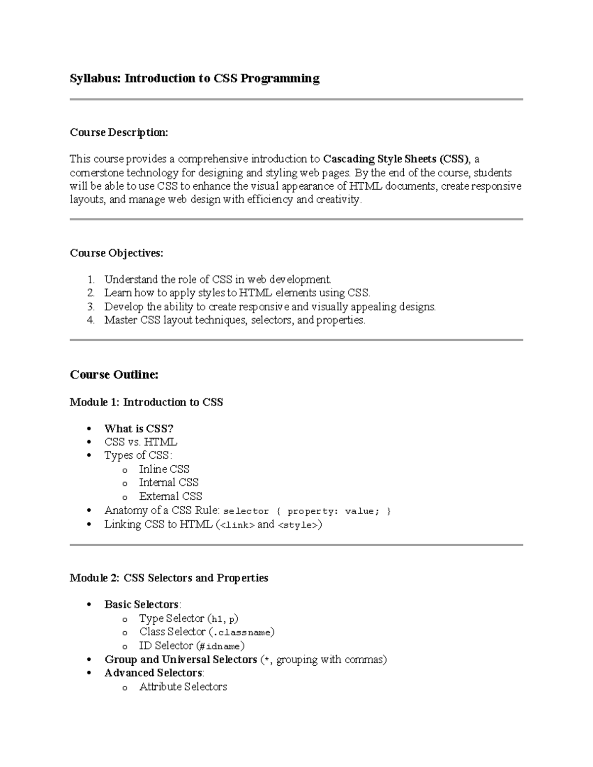 Introduction to CSS Programming - Syllabus: Introduction to CSS Programming Course Description ...