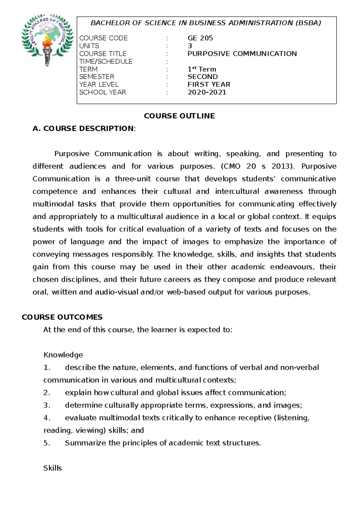 GE211 Purposive Communication Course Outline and Objectives - Studocu