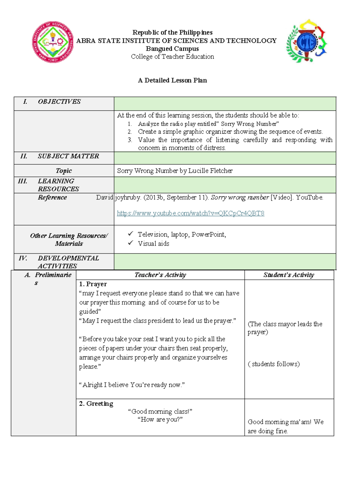 DLP 01-04-26: Detailed Lesson Plan on "Sorry, Wrong Number" - Studocu
