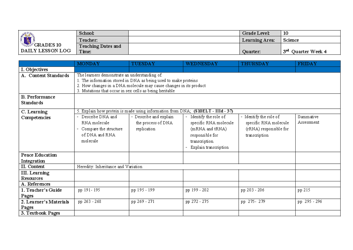 10 SCIENCE DAILY LESSON LOG: 3RD QUARTER WEEK 4 - Studocu