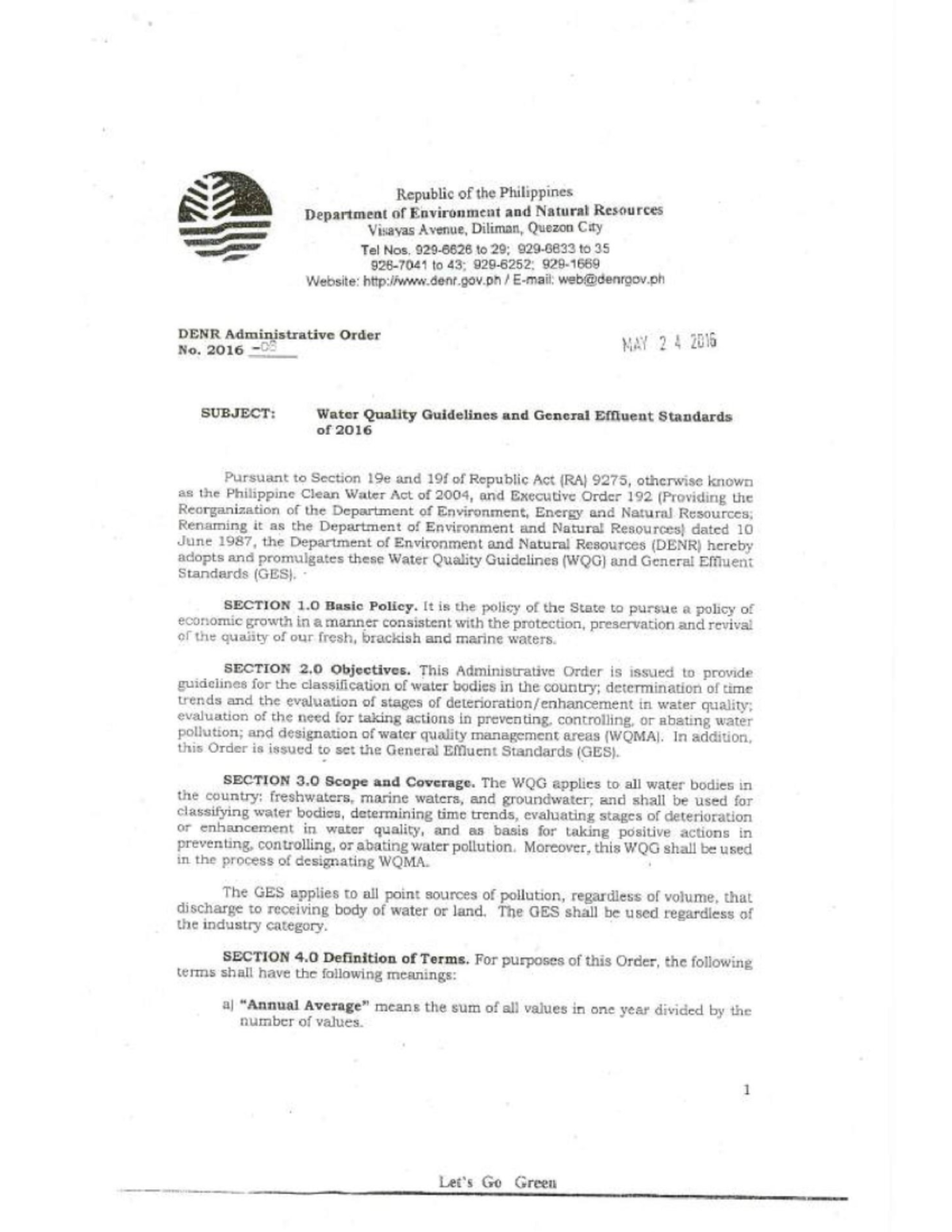 DENR Admin Order 2016-08: Water Quality Guidelines & Effluent Standards ...