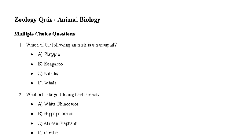 Zoology Quiz (AB101): Animal Biology MCQs and True/False Questions ...