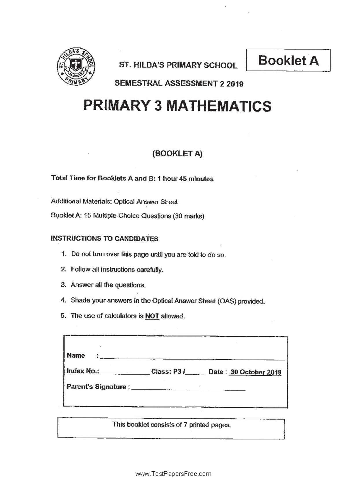 P3 Mathematics 2019 Semestral Assessment 2 Exam Paper - Studocu