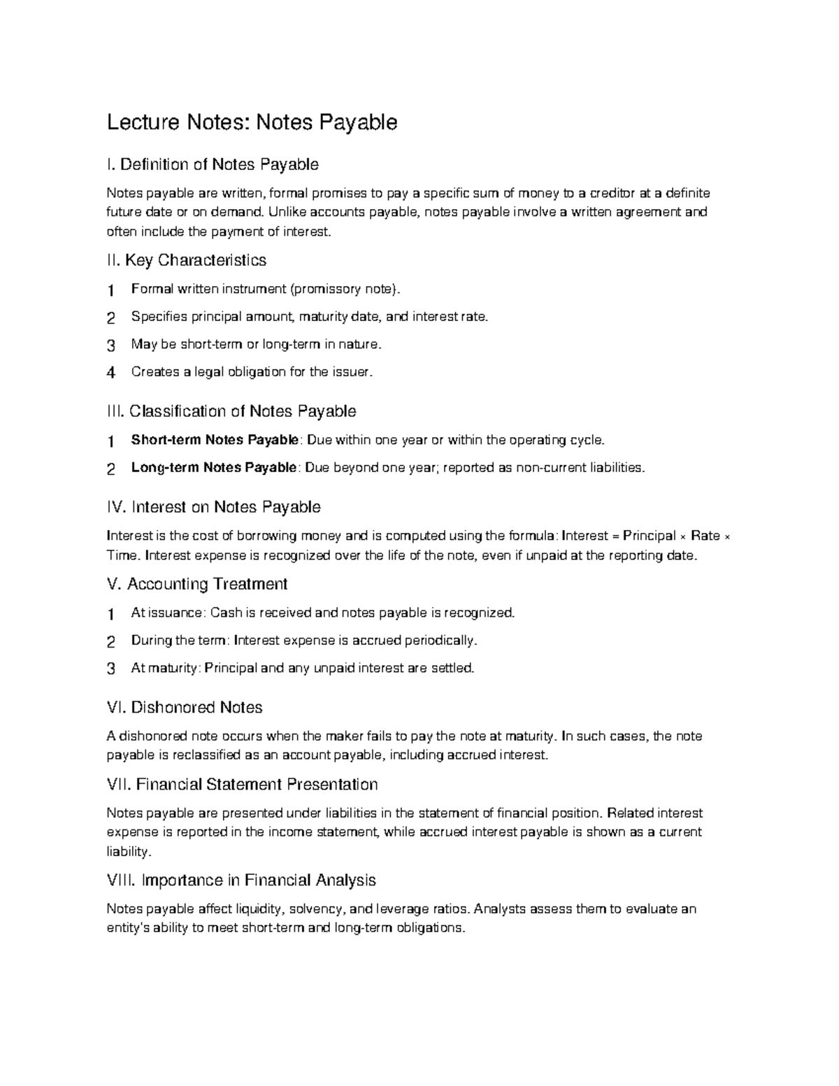 Lecture Notes: Understanding Notes Payable and Their Implications - Studocu