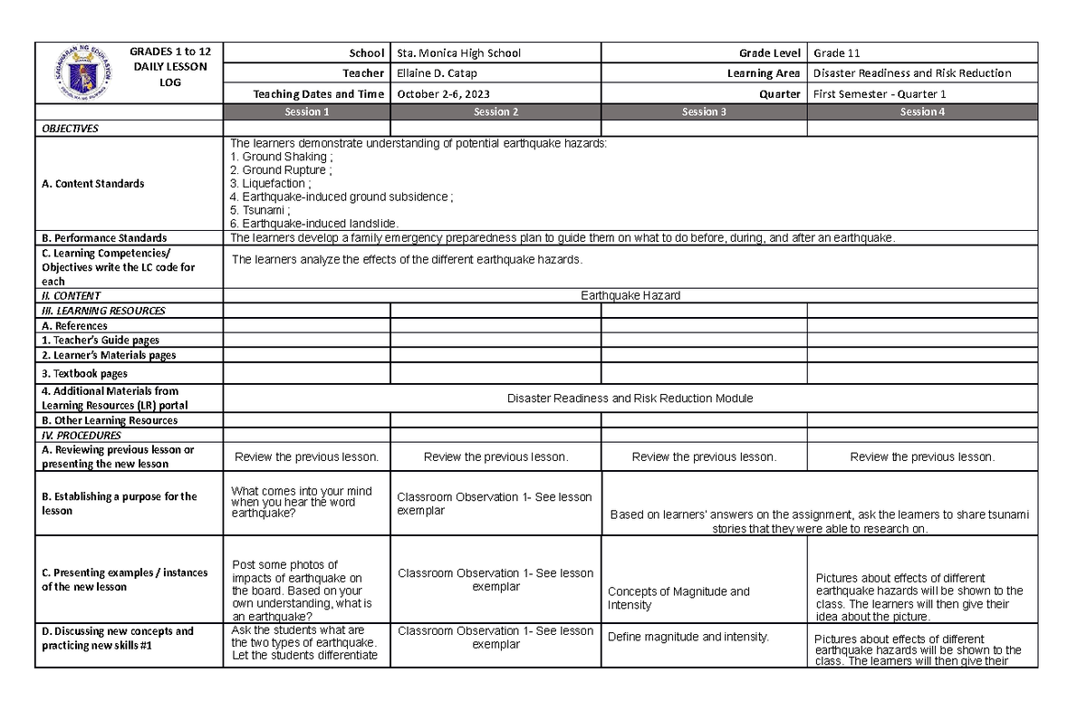 DRRR-DLL- Earthquake Hazard Lesson Plan for Grade 11 - Studocu