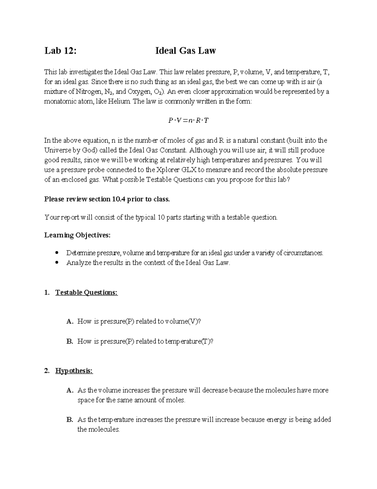 PHY111L Lab 12: Exploring the Ideal Gas Law and Its Applications - Studocu