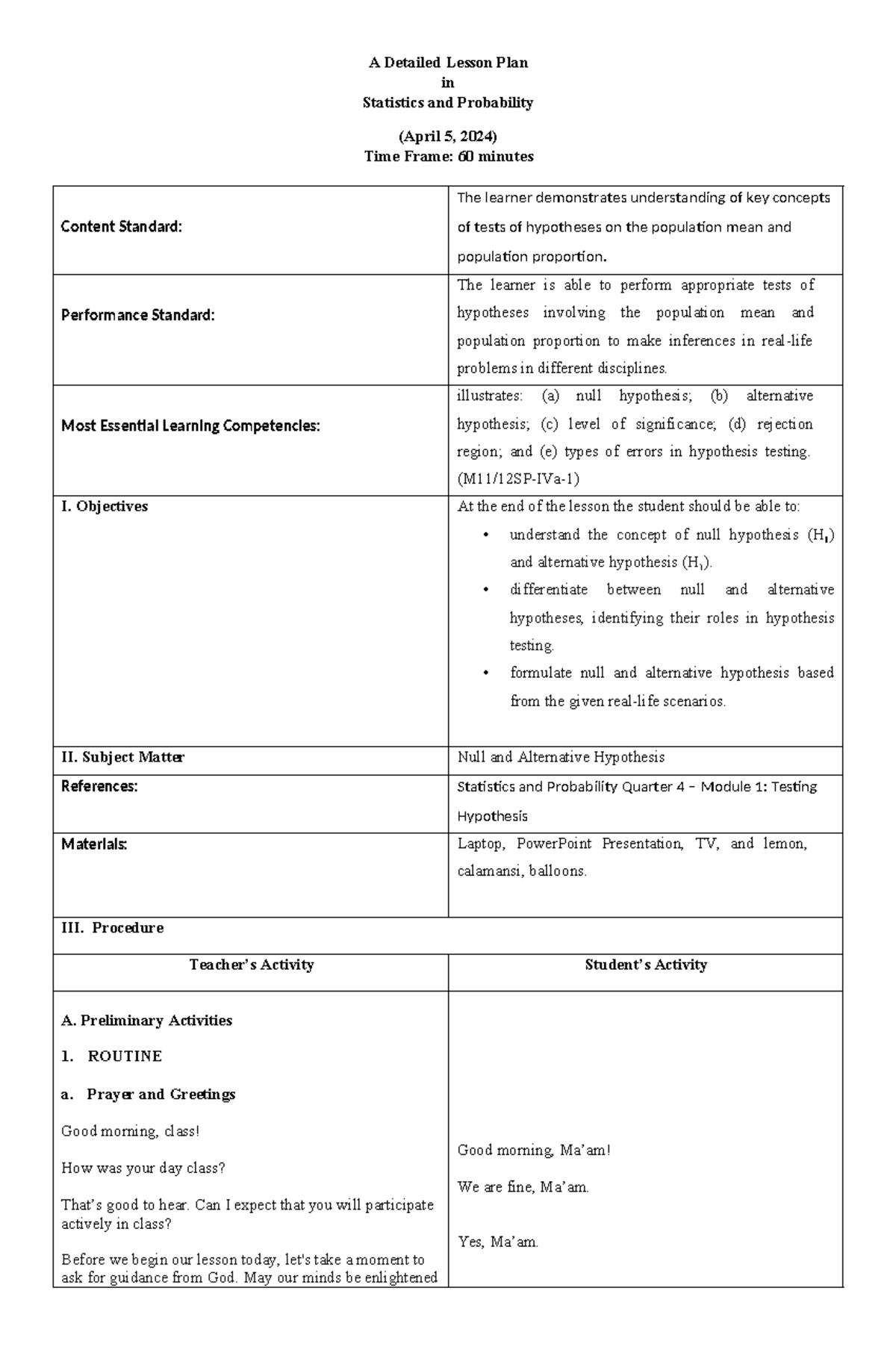 Detailed Lesson Plan: Null and Alternative Hypothesis in Statistics (Q4 ...