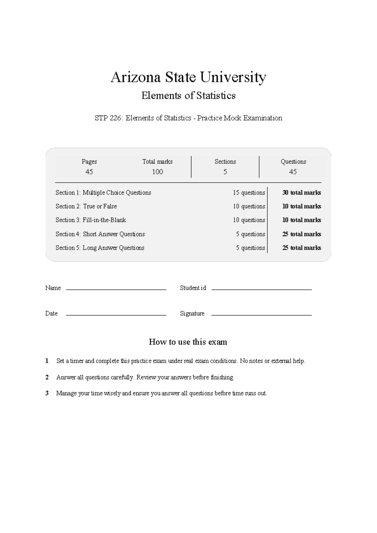 STP 226: Elements of Statistics ASU Practice Mock Exam 2026 - Studocu