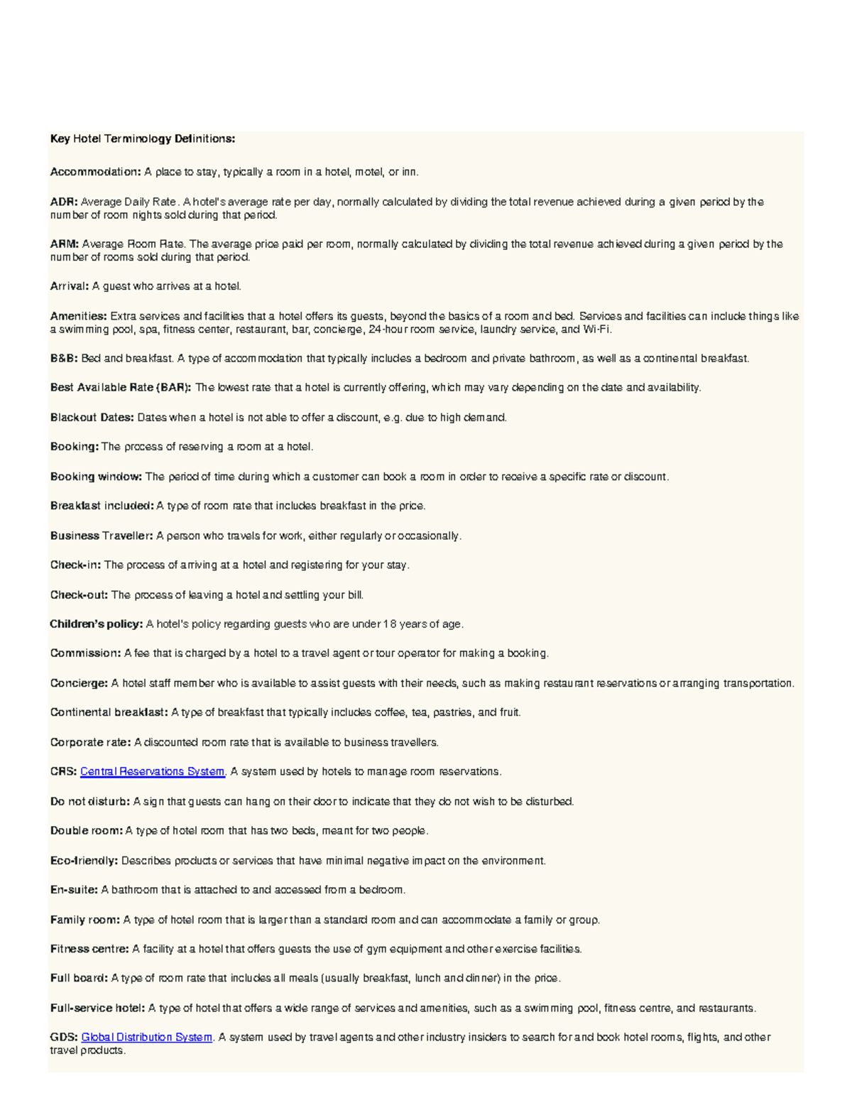 Key Hotel Terminology Definitions for Hospitality Studies (HOSP 101 ...