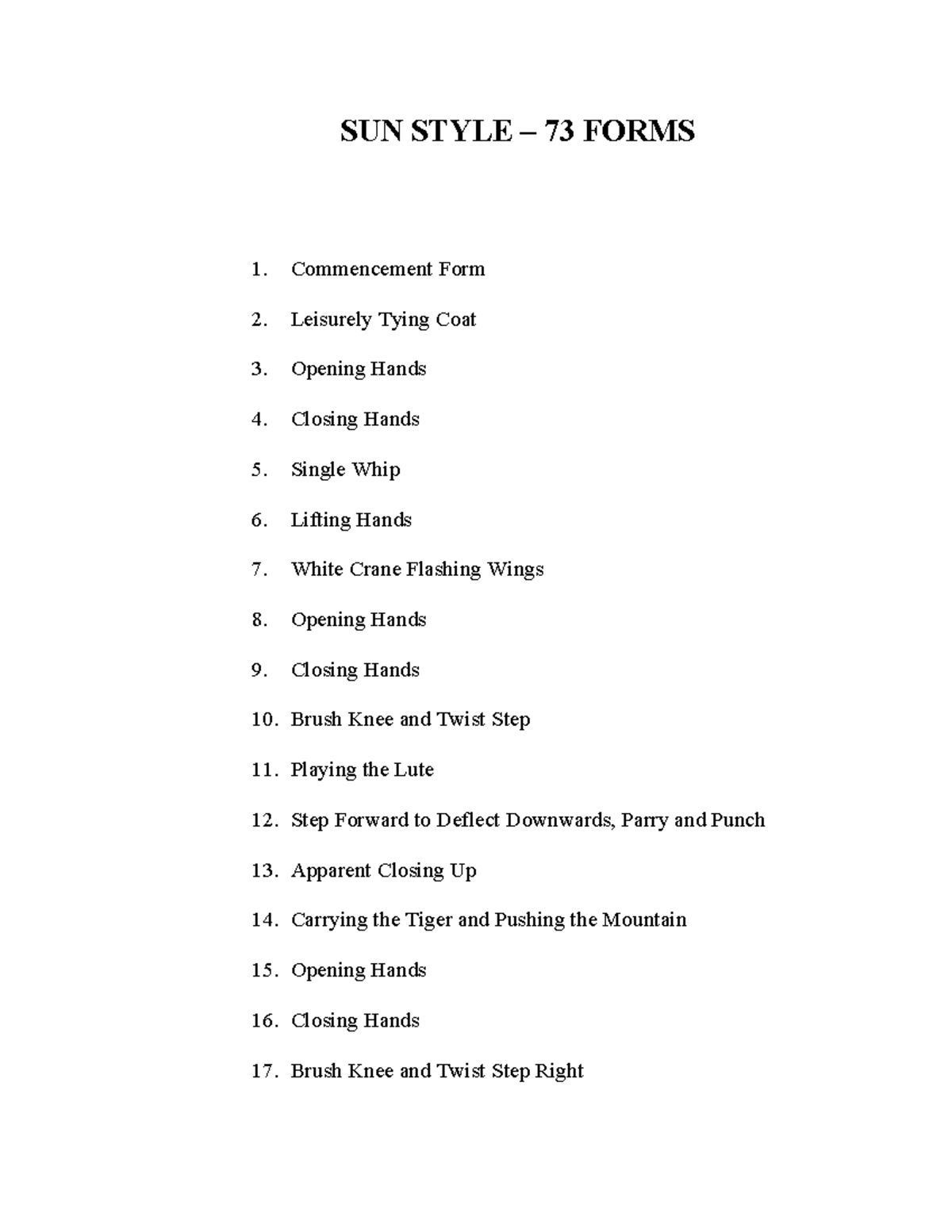 SUN Style 73 Forms – Complete List of Movements and Techniques - Studocu