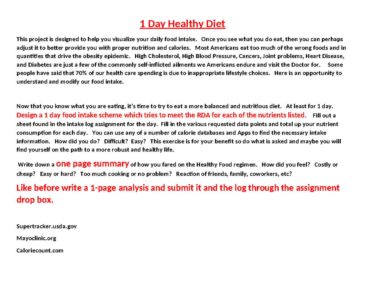 1 Day Healthy Eating Log Directions (Healthy Diet Project) - Studocu