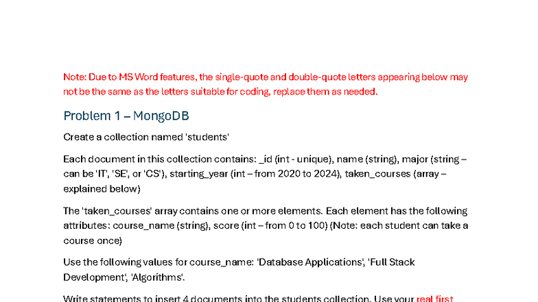 Final Exam: Database Management (CS101) - MongoDB & MySQL Problems ...