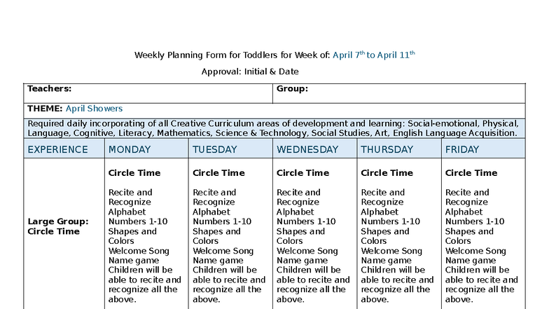 Lesson Plan for Toddlers: April 7-11, 2023 - Studocu