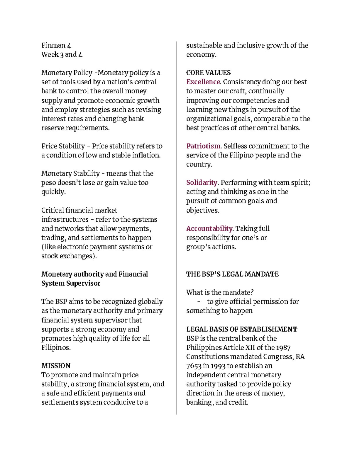Finman 4 Lecture Notes: Monetary Policy & BSP Functions Summary - Studocu