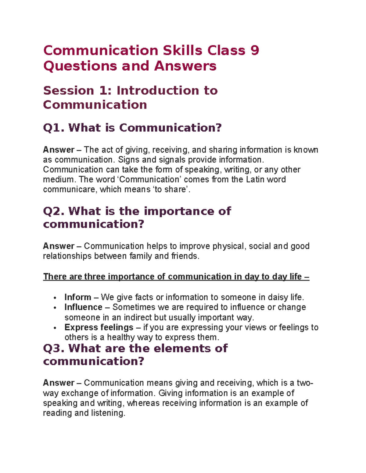 Communication Skills Class 9: Q&A on Effective Communication Techniques ...