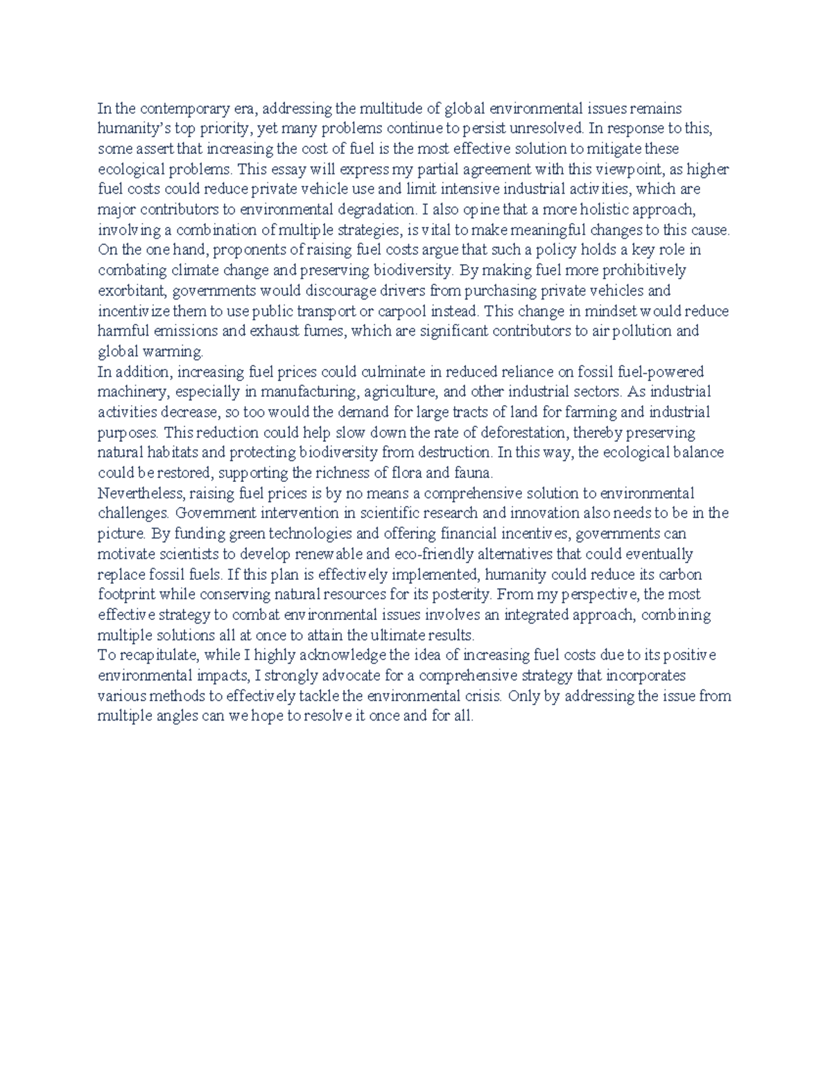 ENG 101 Essay: The Impact of Fuel Prices on Environmental Issues - Studocu