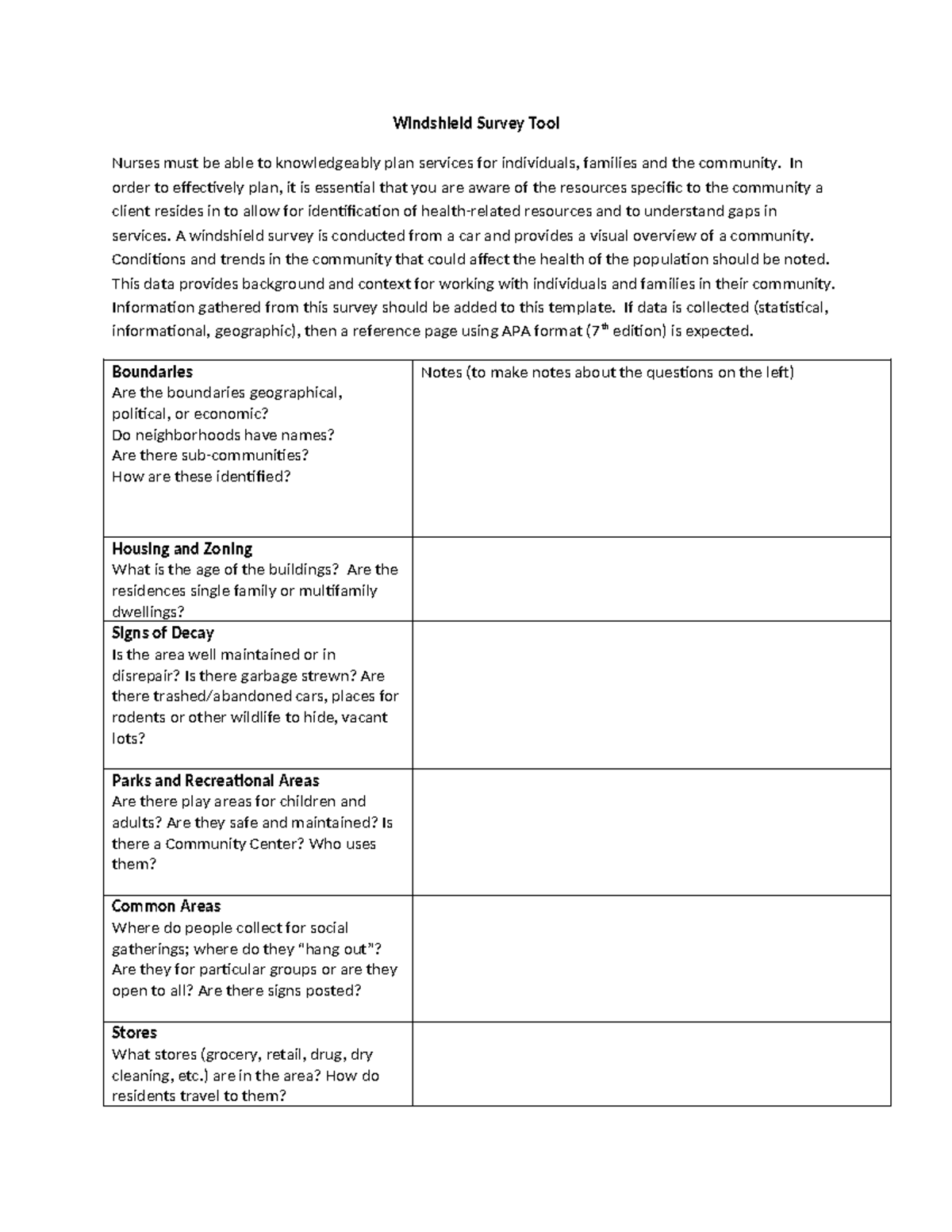 Windshield Survey Tool for Community Health Assessment - Studocu