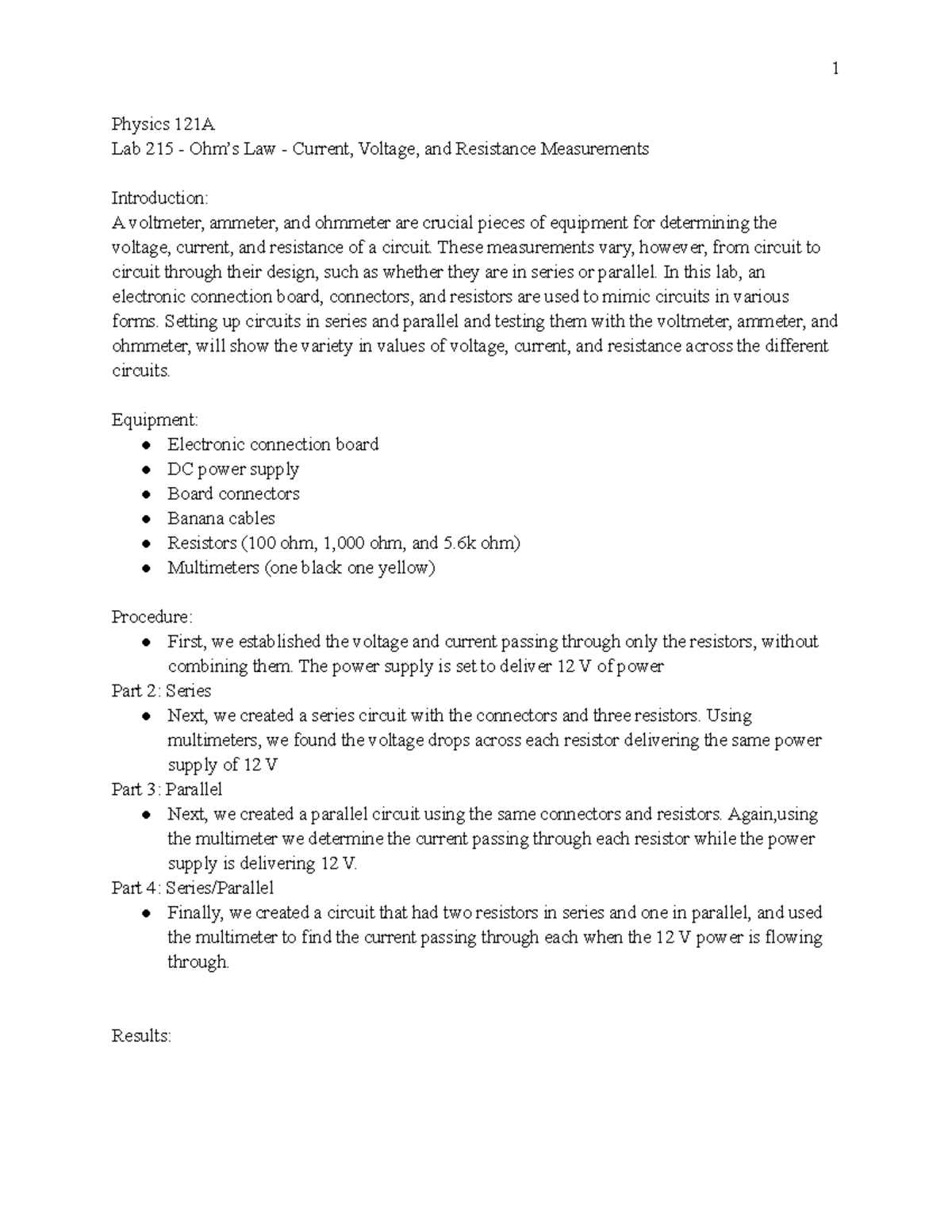 Physics Lab 215 - Lab - 1 Physics 121A Lab 215 - Ohm’s Law - Current ...