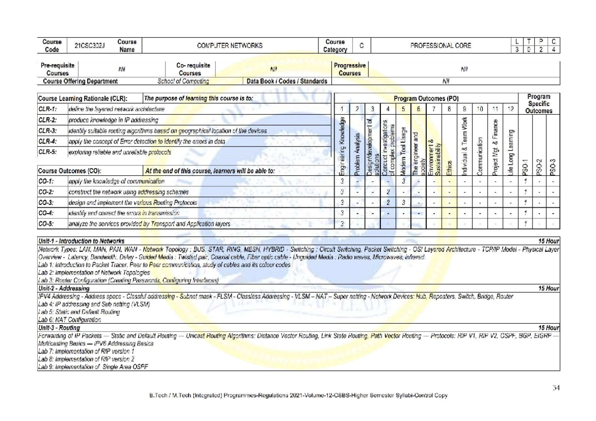 LTPC 21CSC302J Computer Networks Course Overview and Lab Guide - Studocu