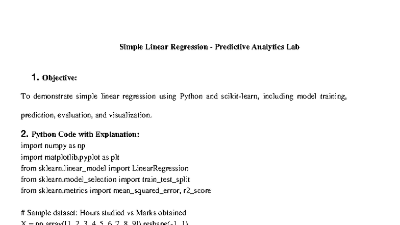 Predictive Analytics Lab Manual: Simple Linear Regression & More - Studocu