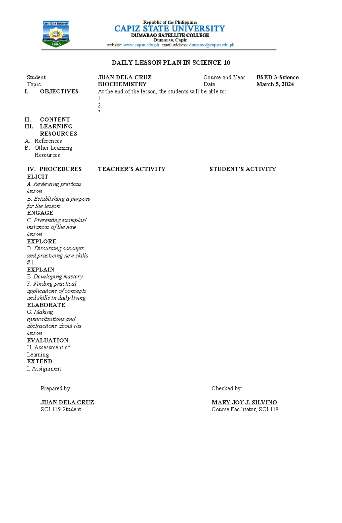 Lesson PLAN Format 7Es - Education - DAILY LESSON PLAN IN SCIENCE 10 ...