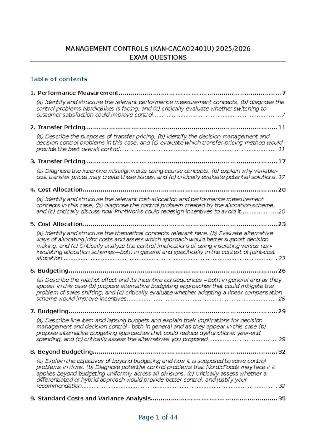 MC - MANAGEMENT CONTROLS FINAL EXAM QUESTIONS & ANSWERS - Studocu