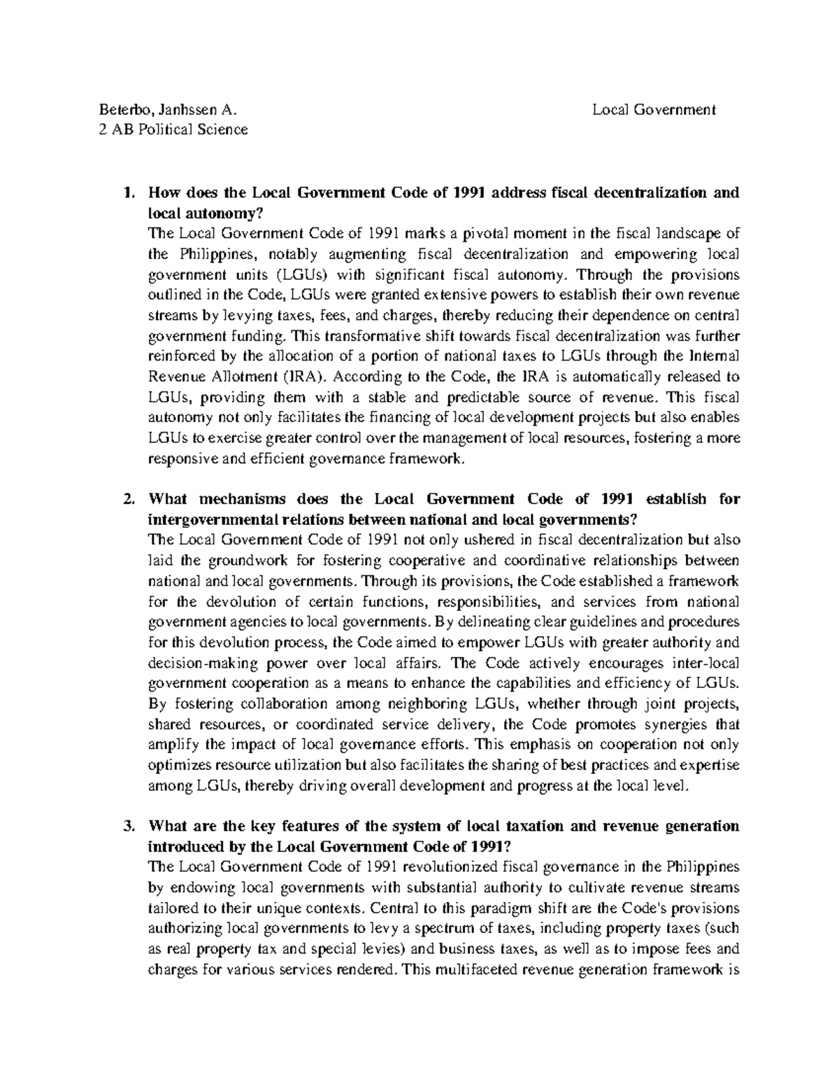 Beterbo Fiscal Autonomy - Beterbo, Janhssen A. Local Government 2 AB ...