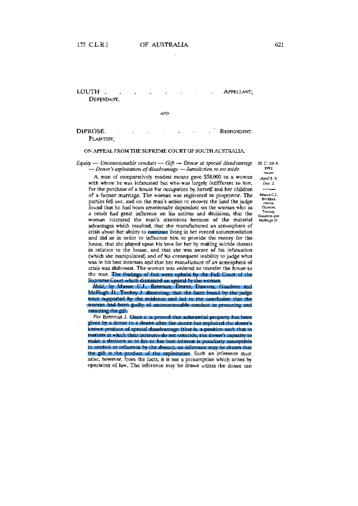 Analysis of Louth v Diprose (1992) 175 CLR 621: Unconscionability in ...