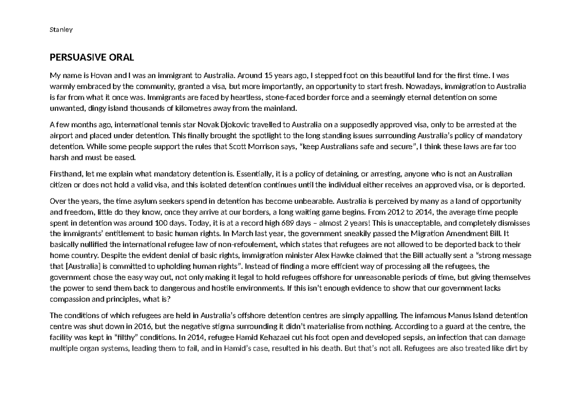 Persuasive Oral - oral presentation - Stanley PERSUASIVE ORAL My name ...