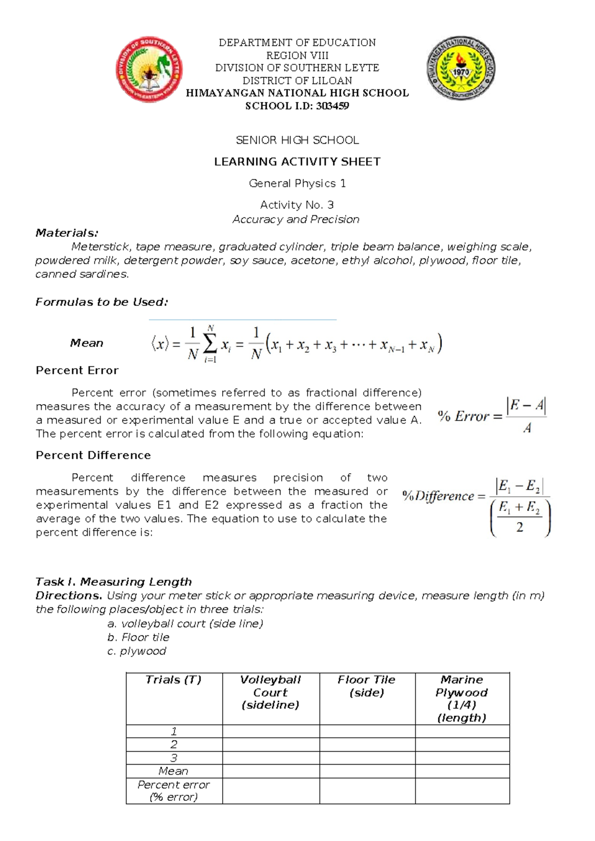 General Physics 1 Activity No. 3: Accuracy and Precision Analysis - Studocu