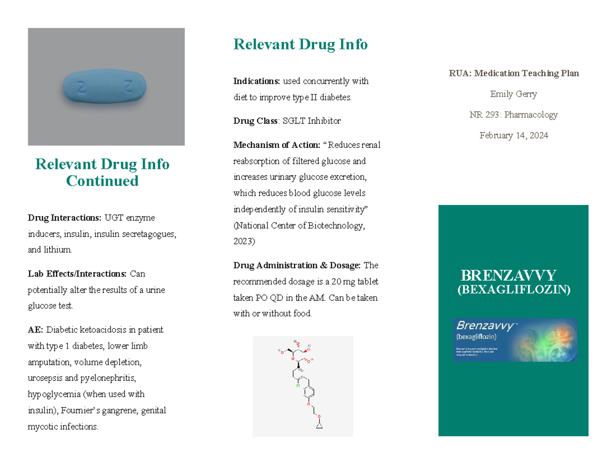 RUA Medication Teaching Plan for NR293: Brenzavvy Overview - Studocu