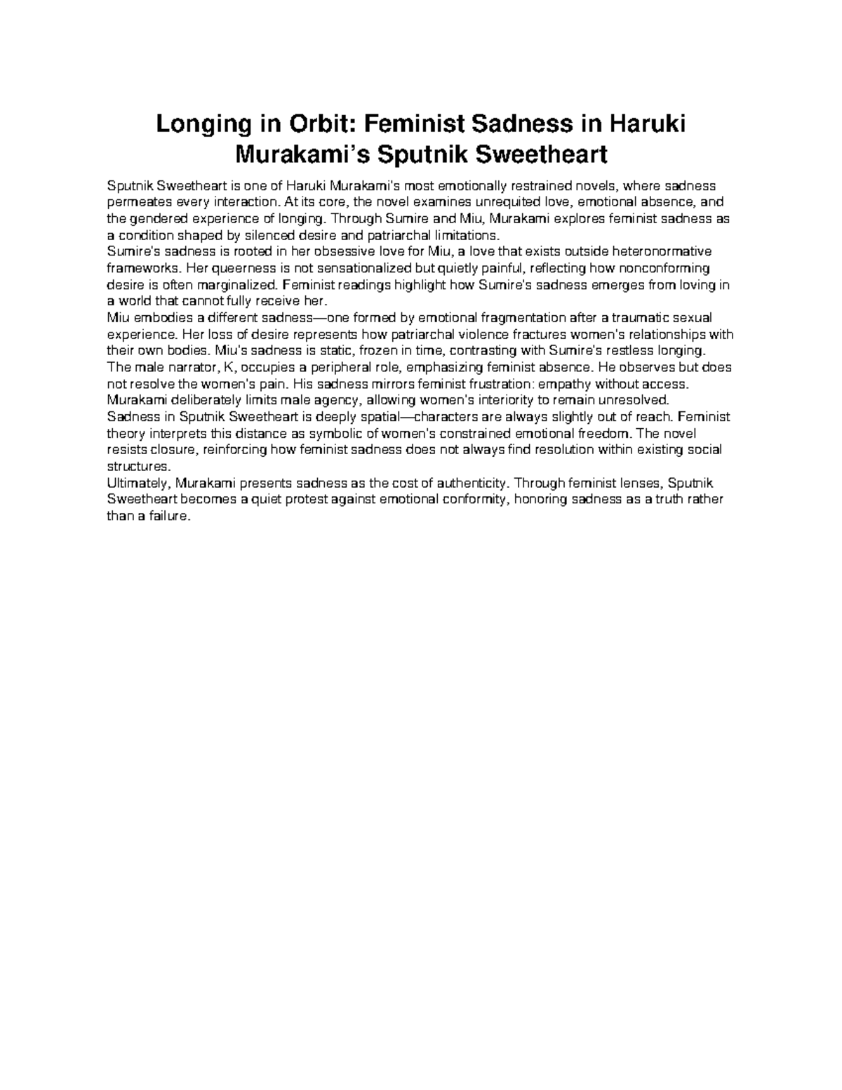 Feminist Literary Analysis of Haruki Murakami's Sputnik Sweetheart ...